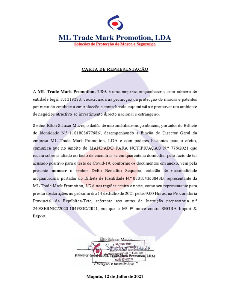 Carta de representação da ML Trade Mark Promotion, LDA nomeando Délio ...