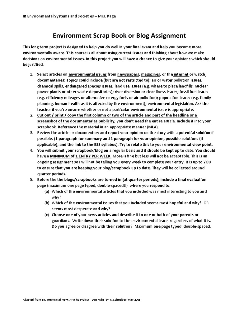 Environment Scrap Book or Blog Assignment | PDF | Pollution | Nature