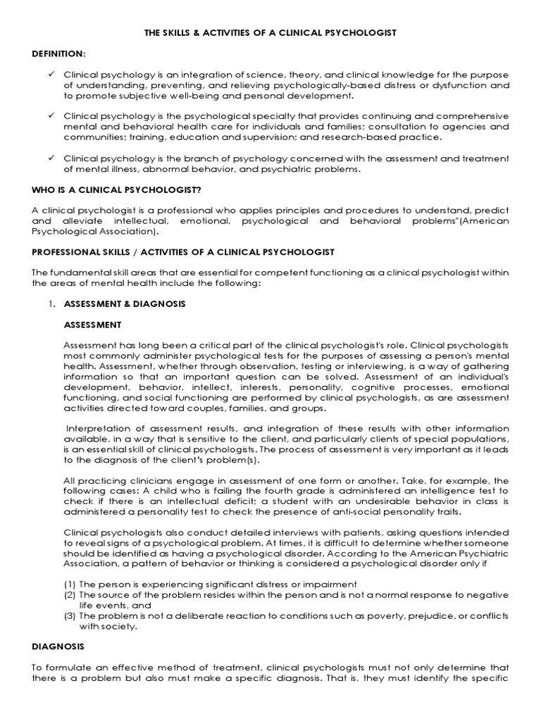 Lesson 2 The Skills Activities of A Clinical Psychologist | PDF ...