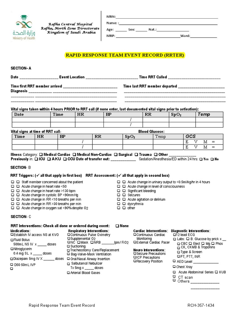 Rapid Response Team Event Record (Rrter) : Date Time HR BP RR Spo | PDF ...