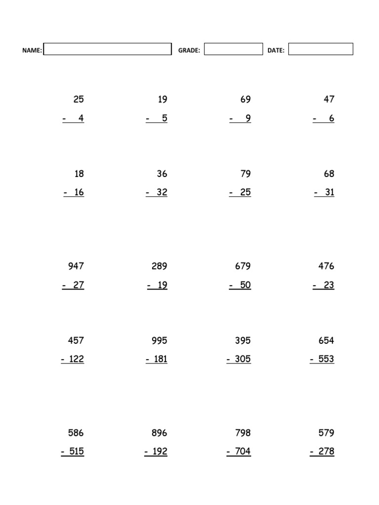 Subtraction Worksheet 1 | PDF