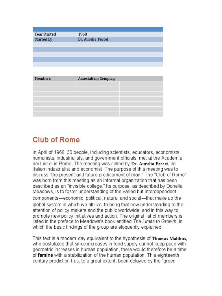 Club of Rome: Year Started 1968 Started by Dr. Aurelio Peccei | PDF ...