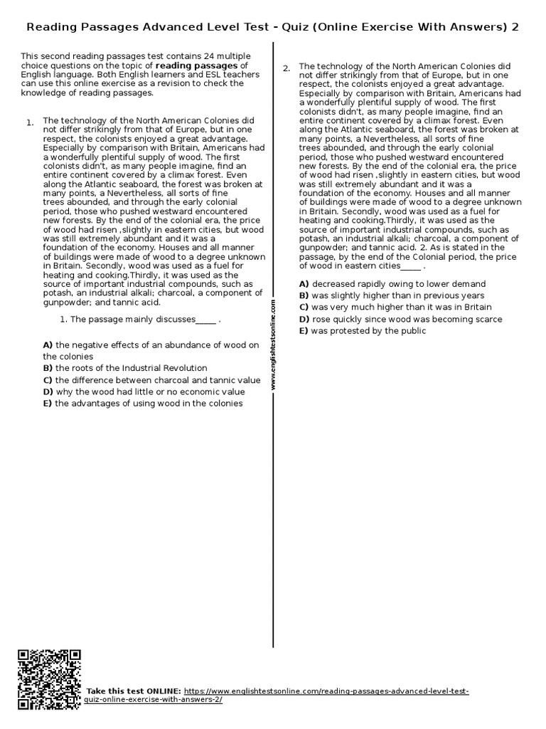 Reading Passages Advanced Level Test - Quiz (Online Exercise With ...