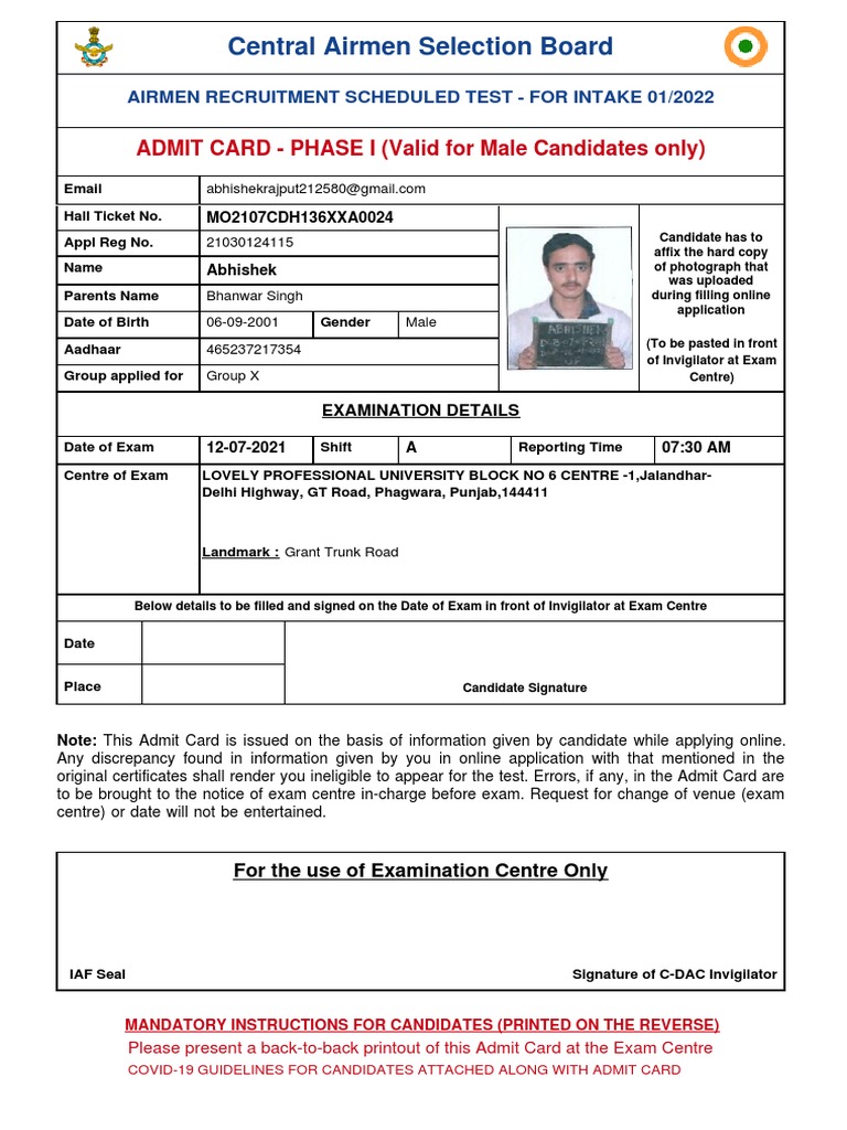 Central Airmen Selection Board: ADMIT CARD - PHASE I (Valid For Male ...