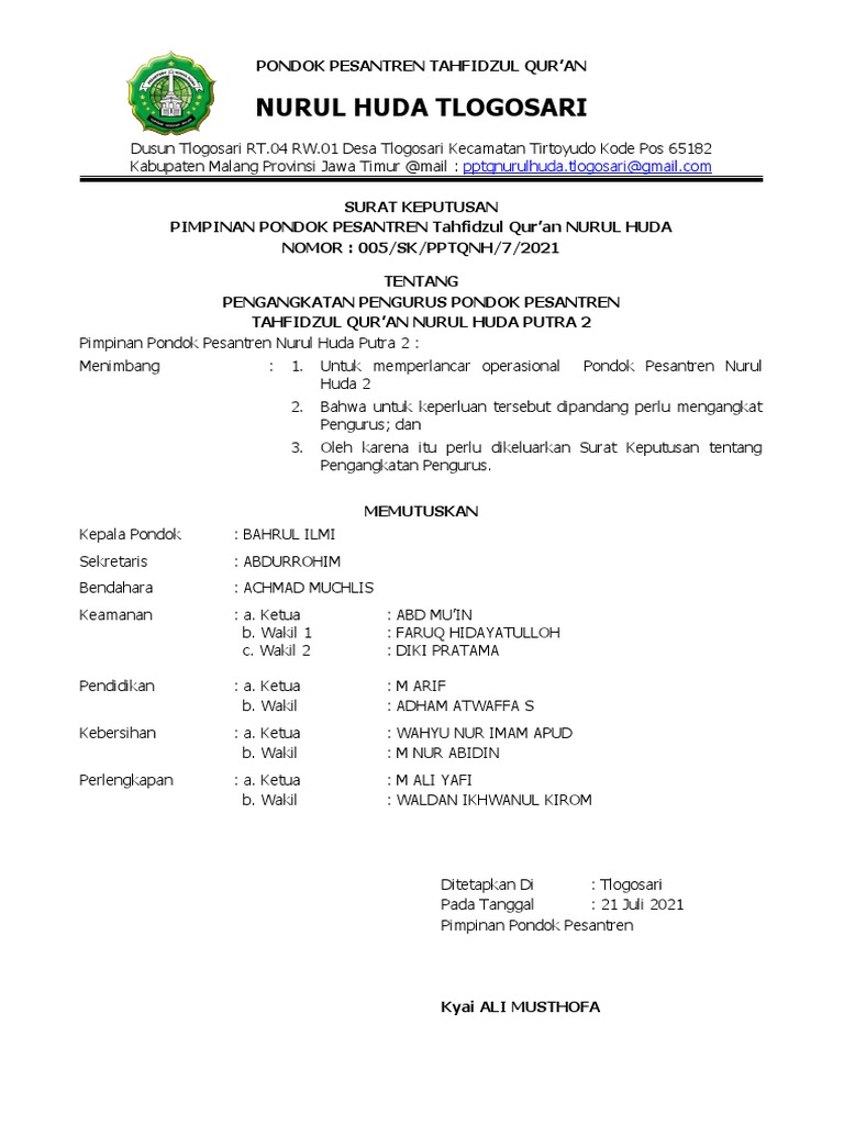 Surat SK Pengurus Pondok Pesantren | PDF