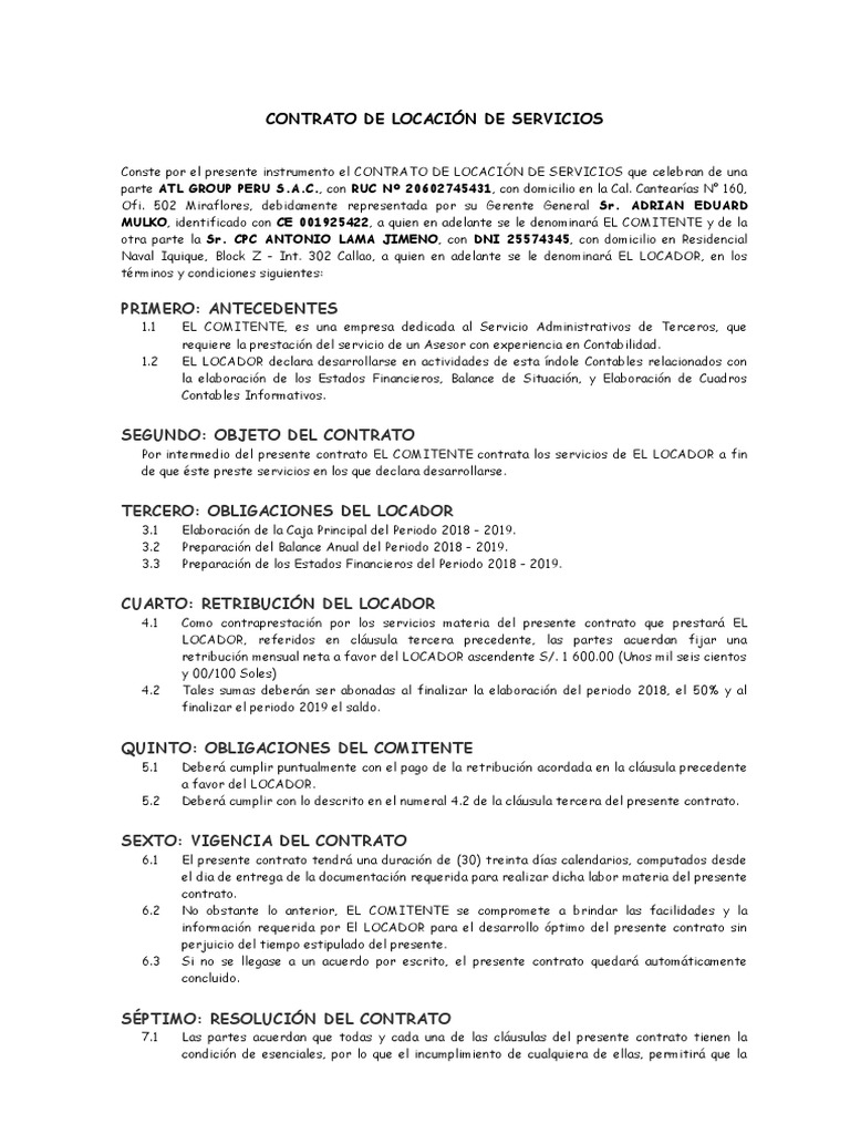 CONTRATO DE LOCACIÓN DE SERVICIOS by Anteliz | PDF | Conceptos legales | Contabilidad