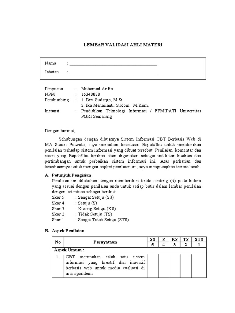 Lembar Validasi Ahli Materi | PDF