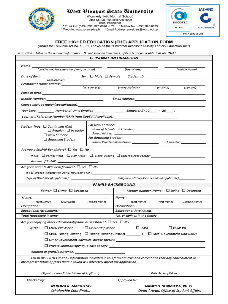 RA 10931 Revised Oct 2018 Application Form | PDF