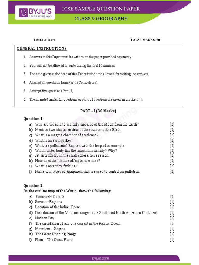 ICSE Class 9 Geography Sample Paper 1 | PDF | Volcano | Oceans