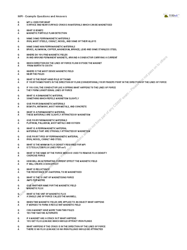 MPI - Example Questions and Answers | PDF | Magnet | Magnetism