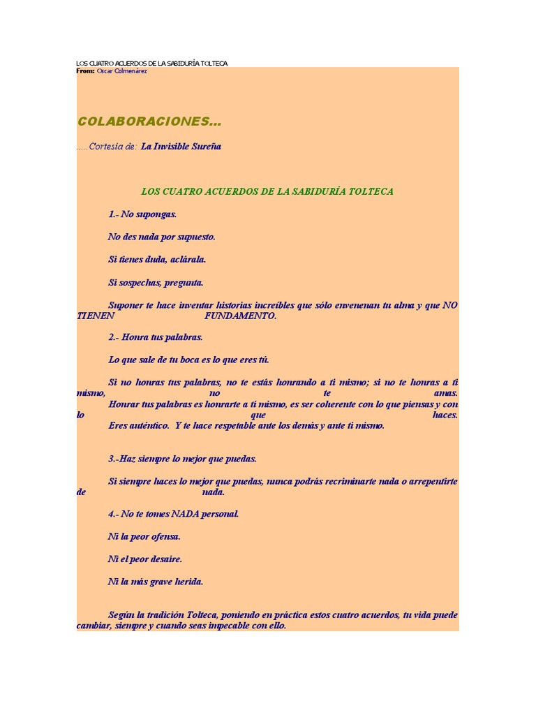 Cuatro Acuerdos de Sabiduría Tolteca | PDF | Filosofía | Artes del ...