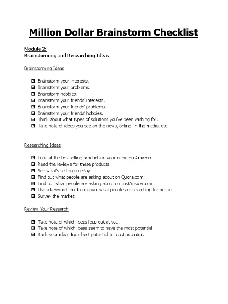 Million Dollar Brainstorm Checklist: Brainstorming and Researching ...