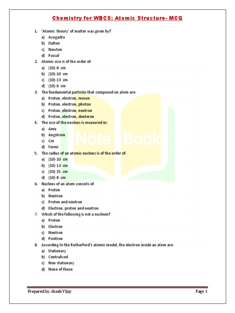 Chemistry For WBCS: Atomic Structure-MCQ | PDF | Isotope | Atoms