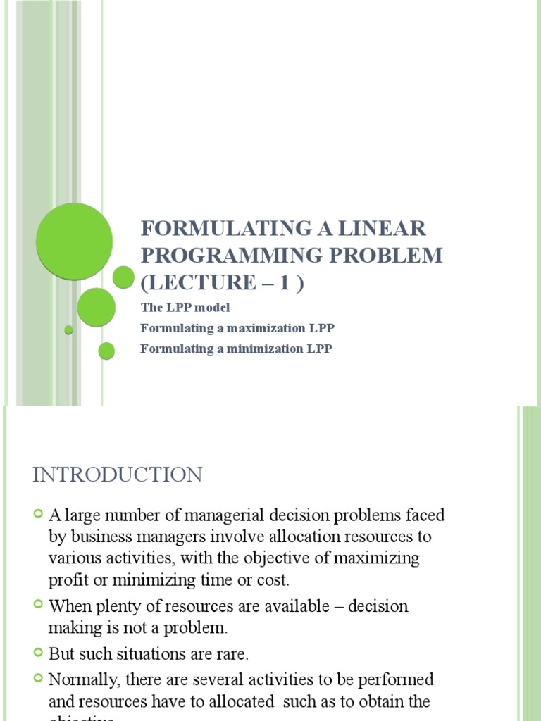 Formulating A LPP (Lecture 1) | PDF | Mathematical Optimization | Linear Programming