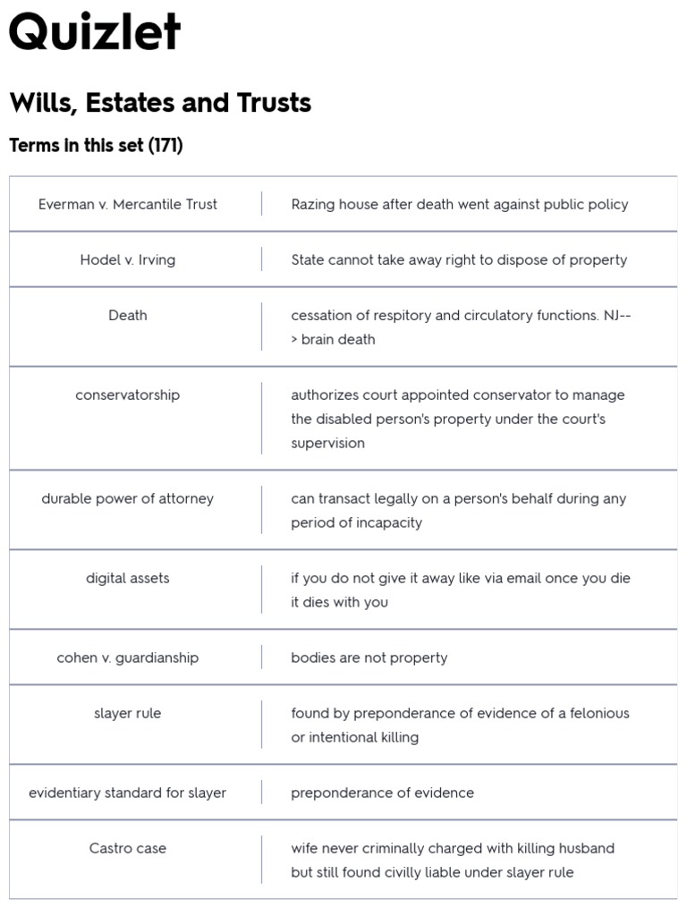 Wills, Estates and Trusts Flashcards | PDF | Will And Testament | Trust Law