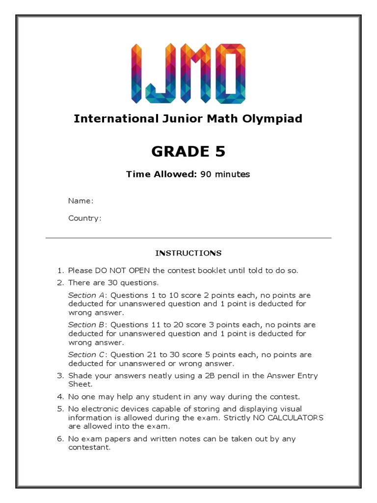 Grade 5: International Junior Math Olympiad | PDF | Area | Teaching ...