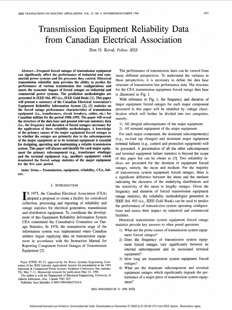Transmission Equipment Reliability Data | PDF | Transformer | Electric ...
