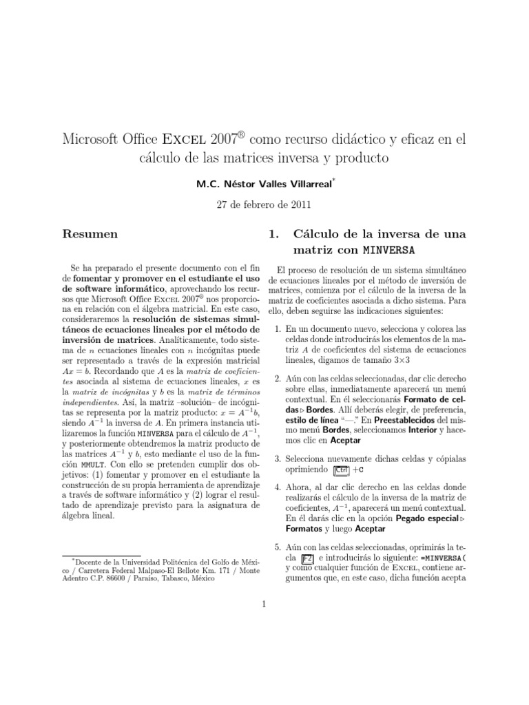Uso de Matrices en Excel | PDF | Matriz (Matemáticas) | Ecuaciones
