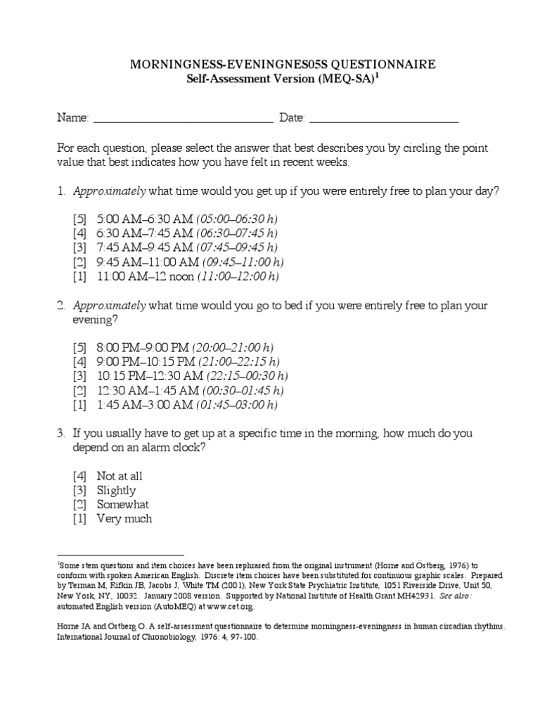 MEQ-SA Morningness-Eveningness Questionnaire | PDF | Sleep | Major ...