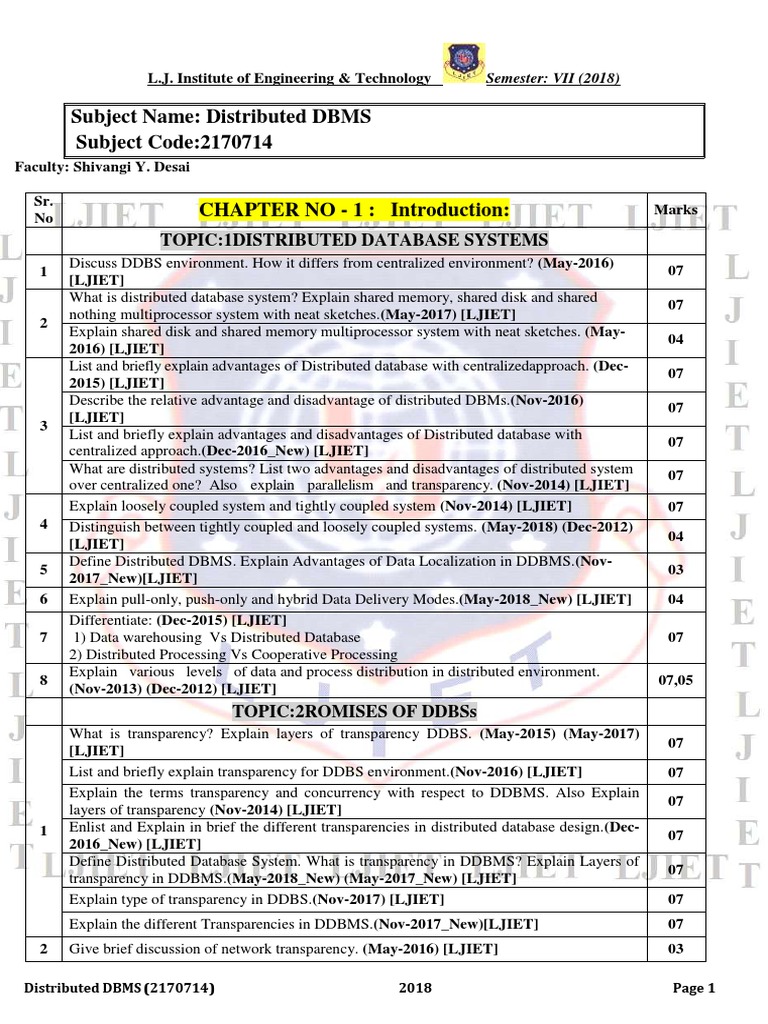 Subject Name: Distributed DBMS Subject Code:2170714: Topic:1Distributed ...