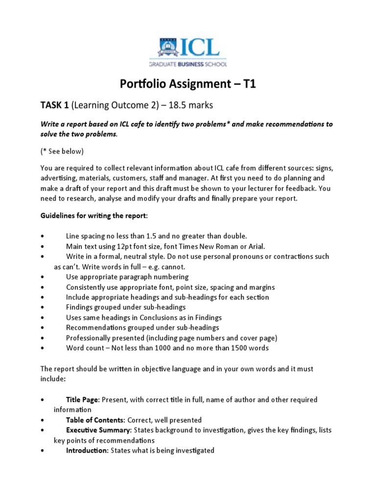 Portfolio Assignment - T1: TASK 1 (Learning Outcome 2) - 18.5 Marks ...