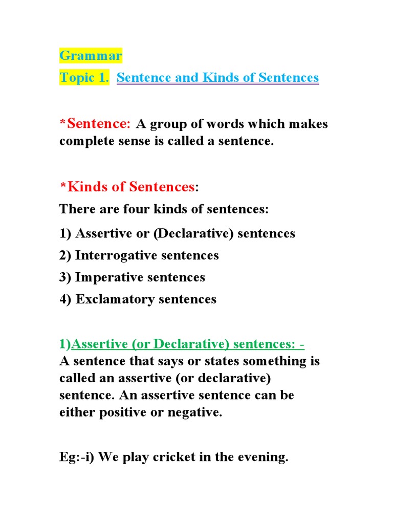 Notes - Kinds of Sentences (20212022) | PDF