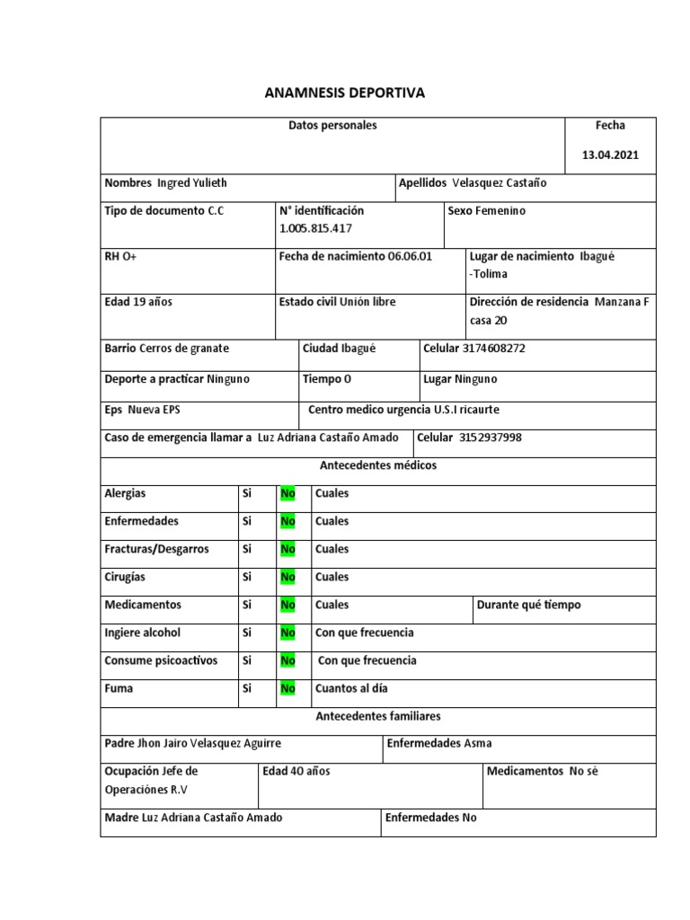 Análisis de Anamnesis Deportiva de Ingrid | PDF | Cuidado de la salud ...