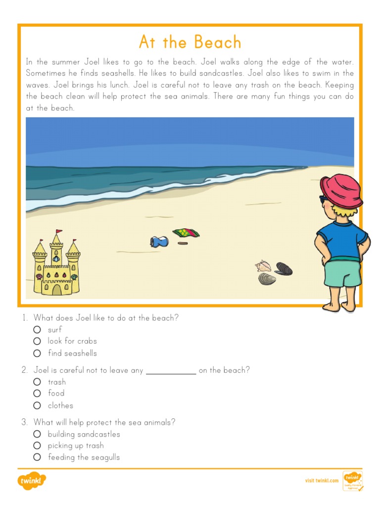 First Grade at The Beach Reading Passage Comprehension Activity | PDF