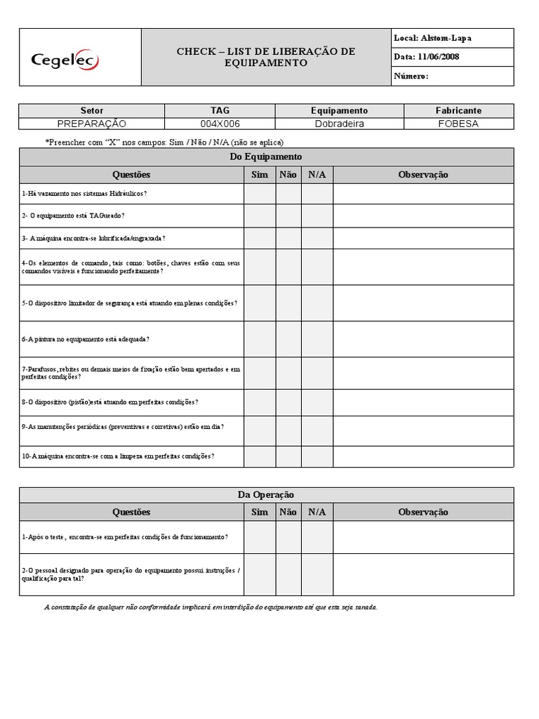 Check List de Liberacao de Equipamento L | PDF | Informática | Science