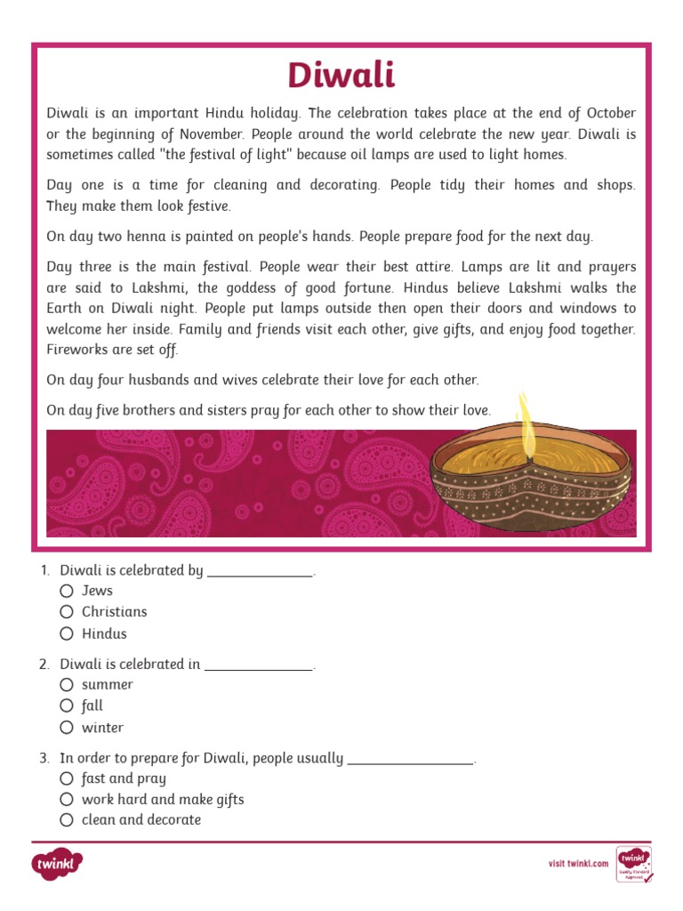 Diwali Reading Comprehension for Kids | PDF