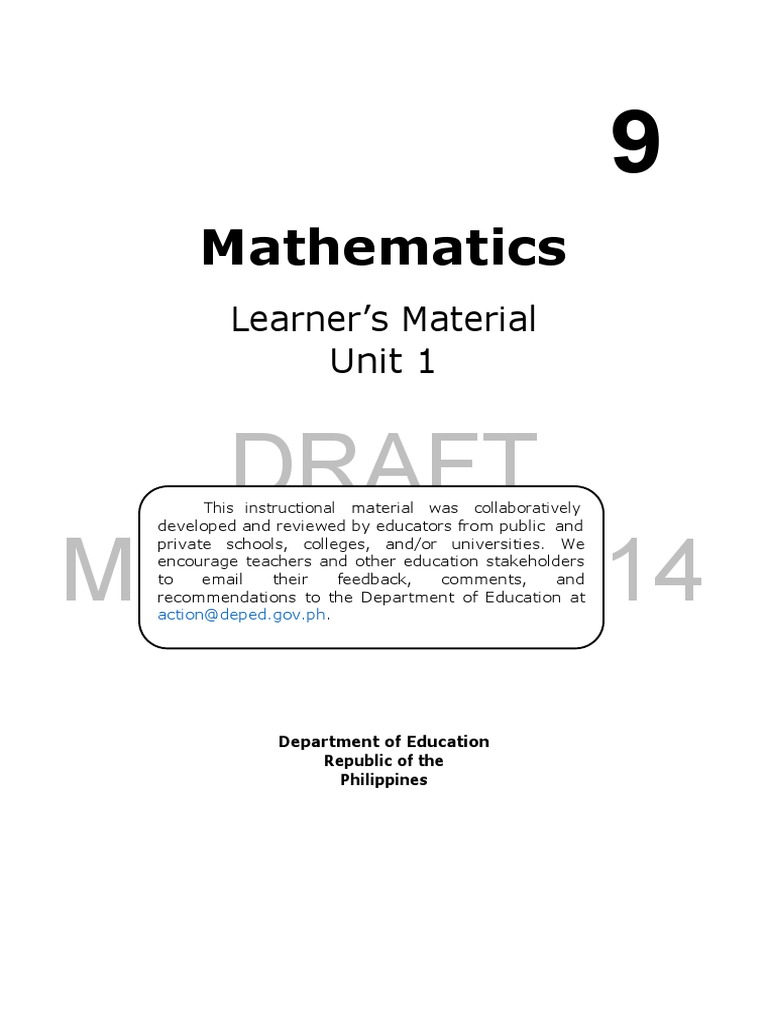 Mathematics Grade 9 Module | PDF | Quadratic Equation | Equations