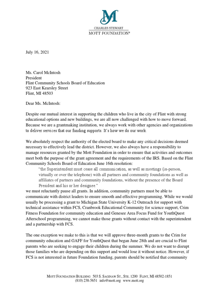 Charles Steward Mott Foundation Letter | PDF | Flint, Michigan | Business