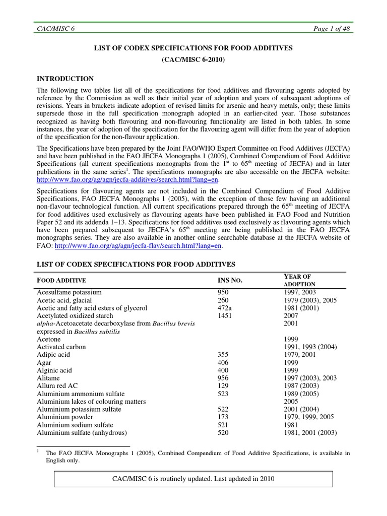 Codex Food Additives Specifications List | PDF | Potassium | Diet ...