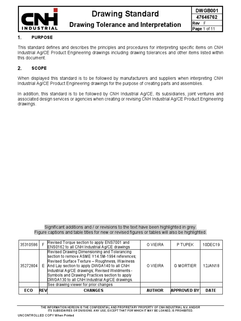 CNH Spec DWGB001 - Drawing Tolerance & Interpretation | PDF ...