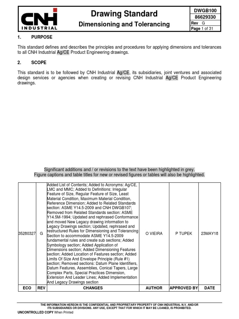 CNH Spec DWGB100 - Dimensioning and Tolerancing | PDF | Engineering ...
