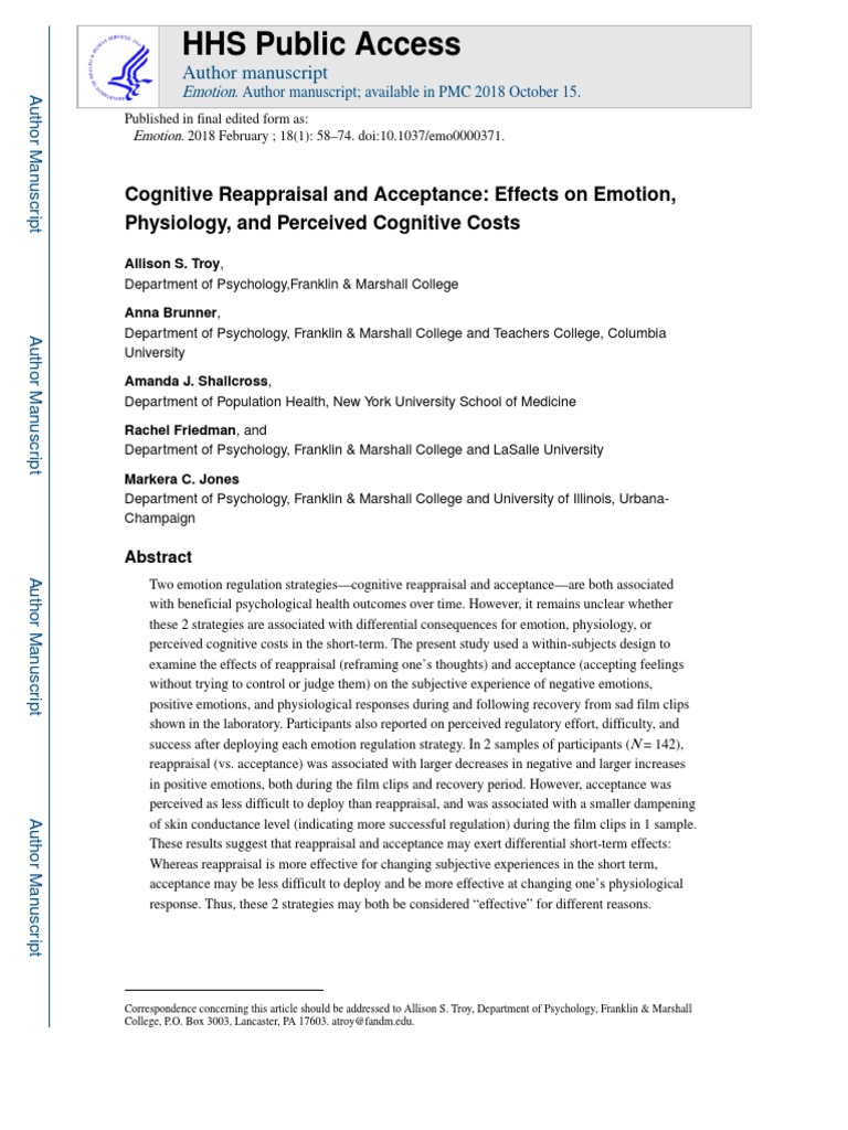 Cognitive Reappraisal 2 | PDF | Emotional Self Regulation | Affect ...