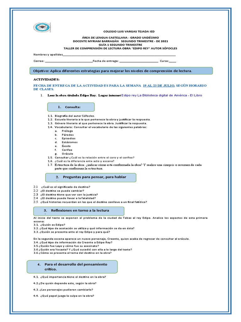 Guía 1 Segundo Trimestre Taller Comprensión de Lectura | PDF | Edipo ...
