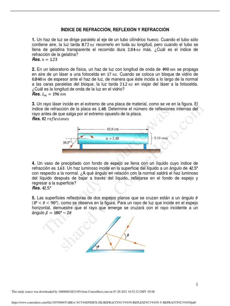 Tarea Ndice de Refracci N Reflexi N y Refracci N PDF | PDF | Refracción | Ligero