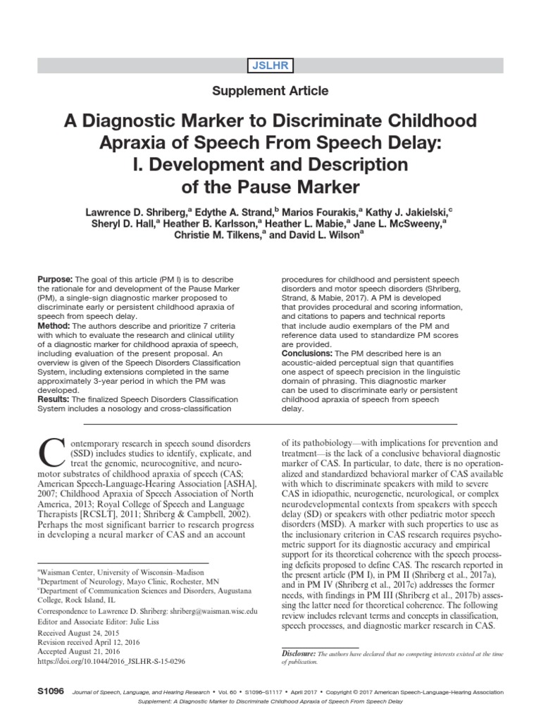 2017 Shriberg - A Diagnostic Marker To Discriminate Childhood | PDF ...