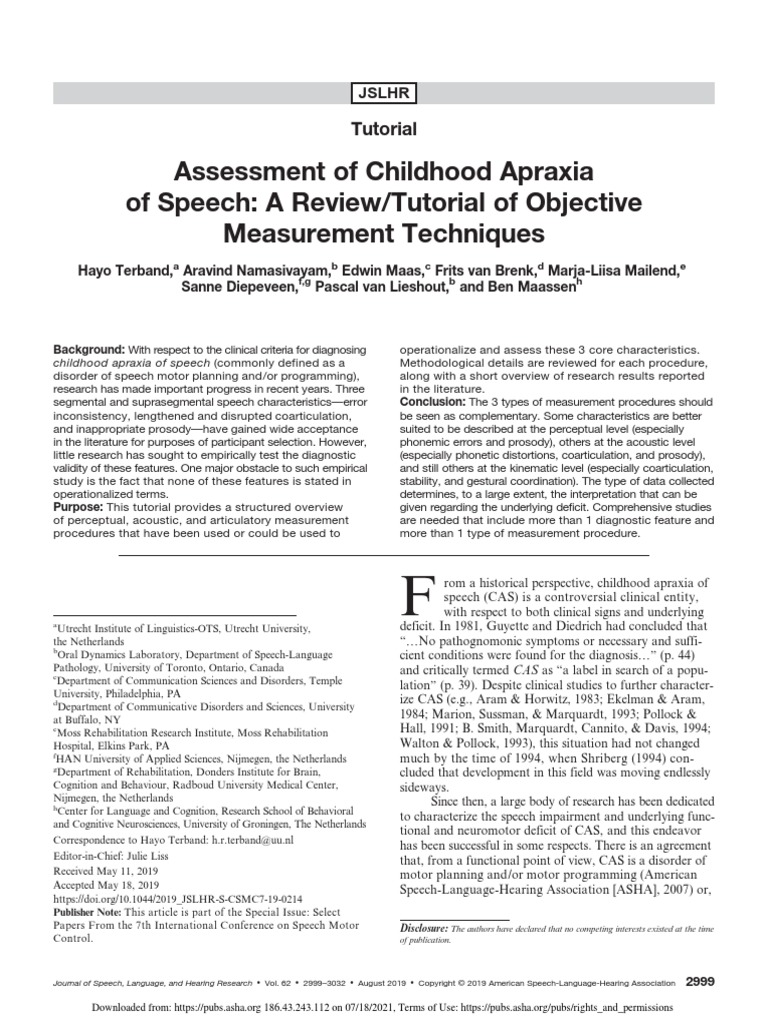 Assessment of Childhood Apraxia of Speech: A Review/Tutorial of ...