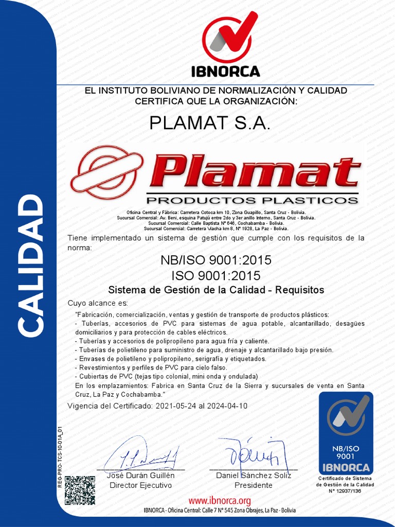 Certificado Plamat Iso 9901 | PDF | Bolivia | Materiales