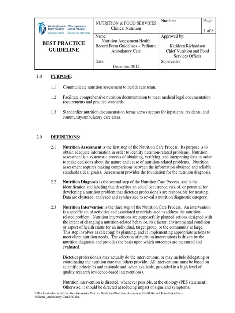 Clinical Nutrition Assessment Form Guidelines Pediatric Ambulatory Care ...