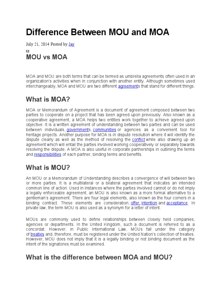 Difference Between MOU and MOA | PDF | Memorandum Of Understanding | Treaty