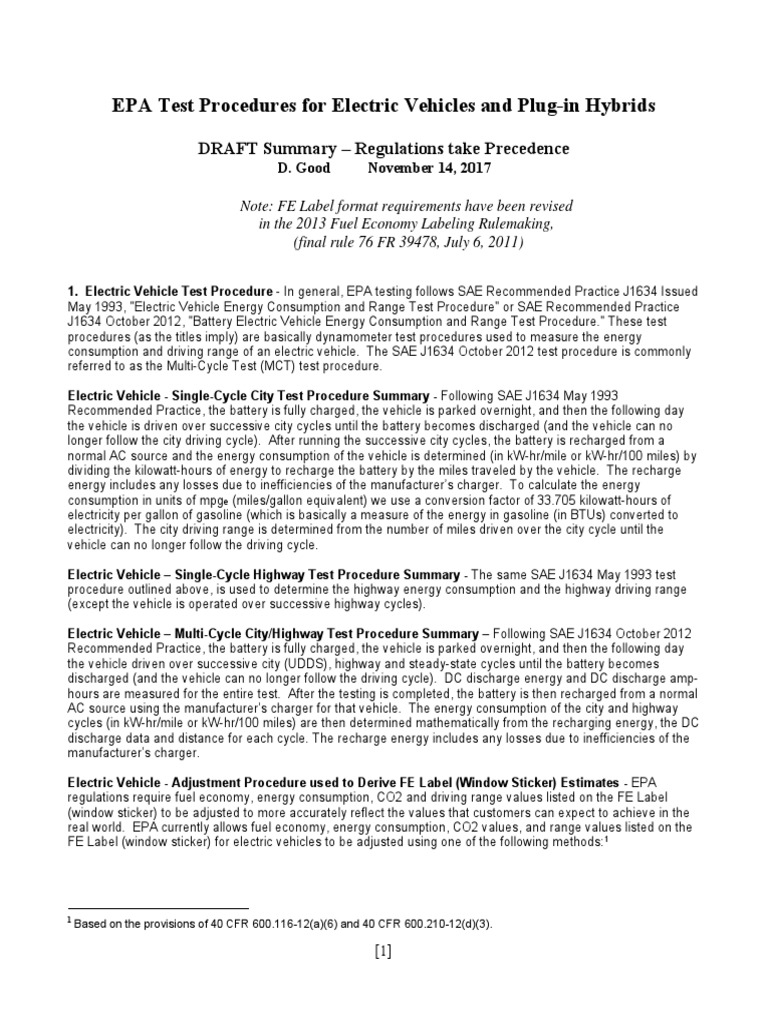 EPA Test Procedure For EVs-PHEVs-11-14-2017 | PDF | Plug In Hybrid ...
