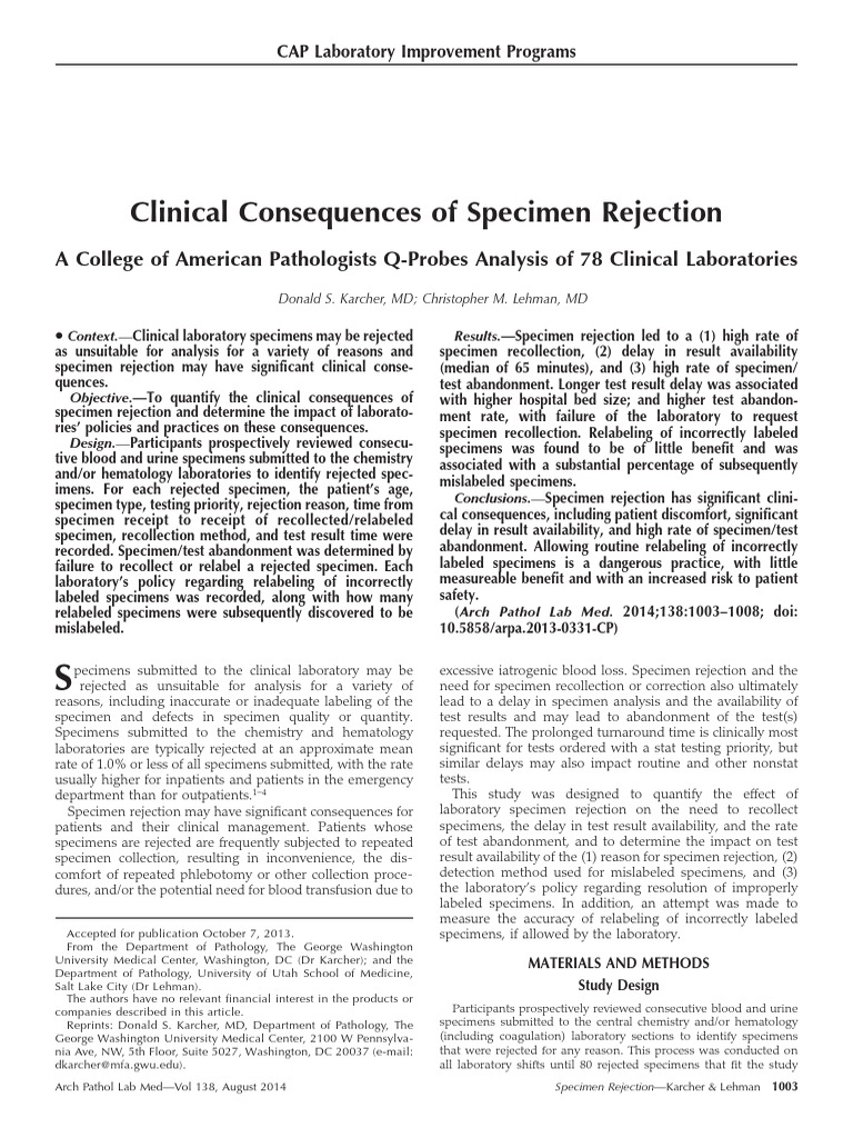 Clinical Consequences of Specimen Rejection | PDF | Pathology | Medical ...