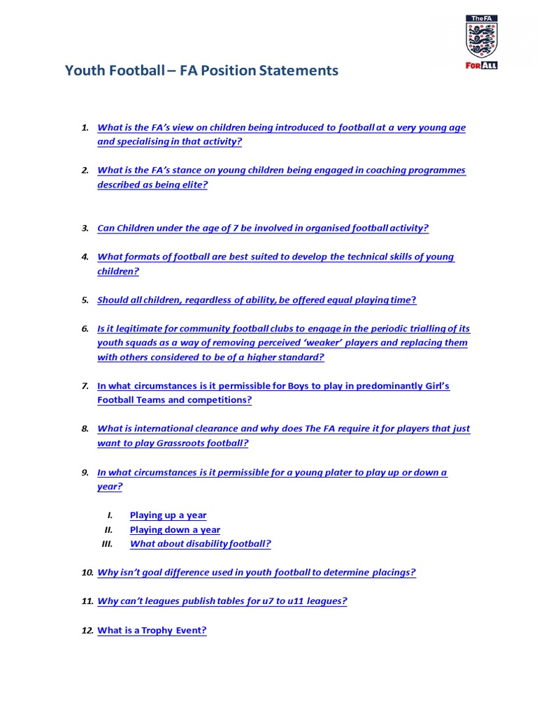 Youth Football - FA Position Statements | PDF | Association Football