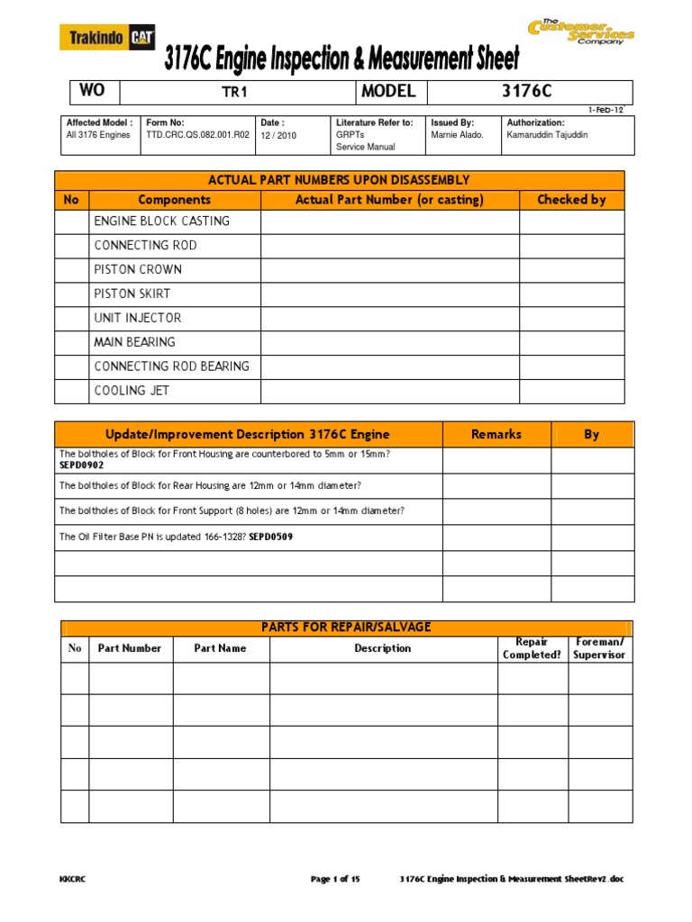 3176C Engine Inspection & Measurement SheetRev2 | PDF | Piston | Pump
