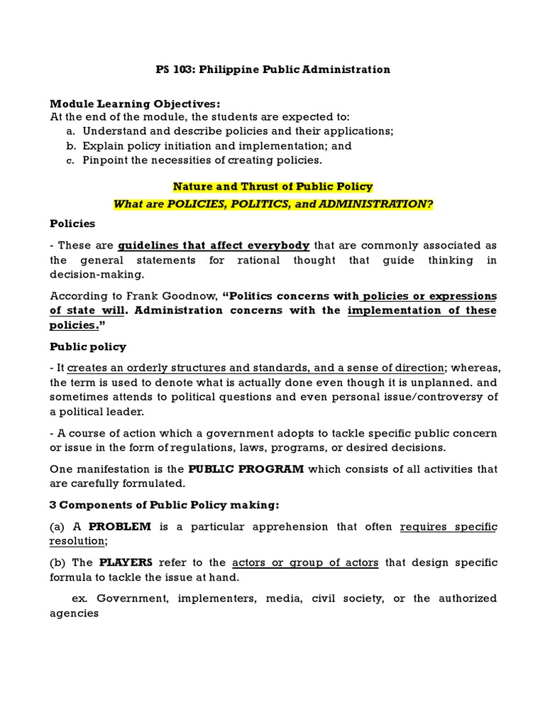 PS 103: Philippine Public Administration: What Are Policies, Politics ...