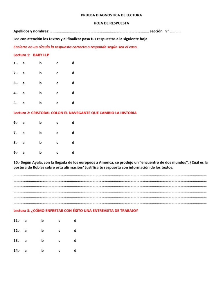 PRUEBA DIAGNOSTICA DE LECTURA-hoja de Respuestas | PDF | Violencia ...