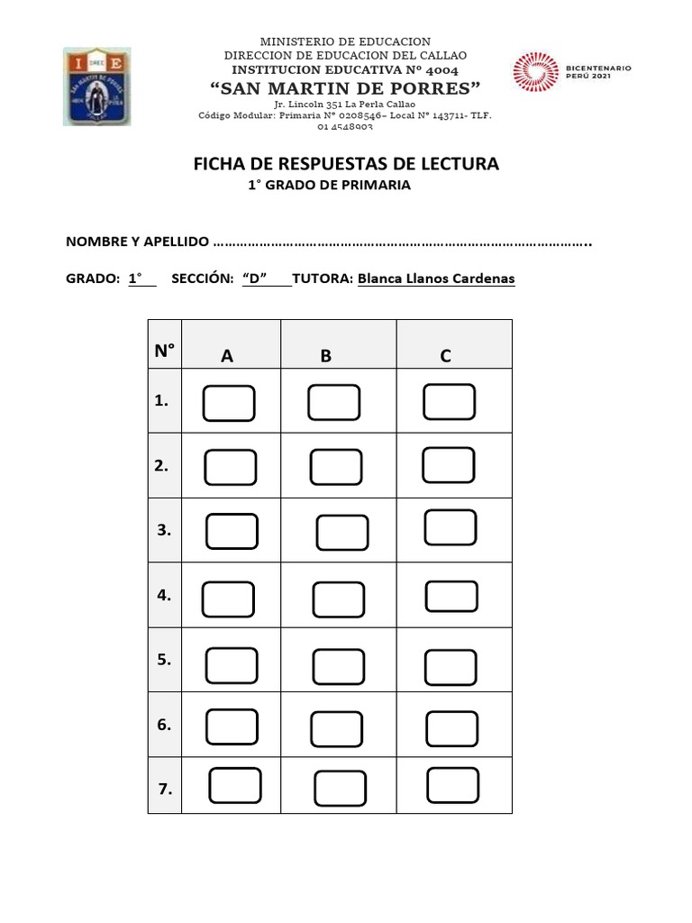 Ficha de Respuestas de Lectura (Comprensión Lectora) | PDF